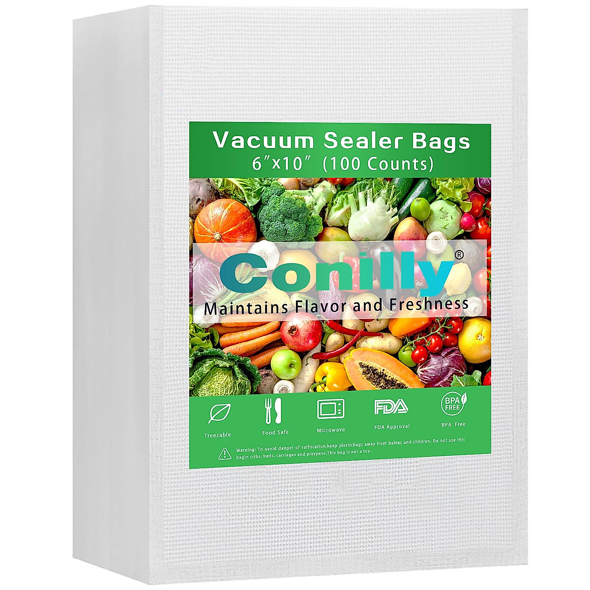 Conilly Vacuum Sealer Bags,100 Quart Size 6" X 10" Commercial Grade Sealer Bag, Bpa Free, Heavy Duty, Puncture Prevention, Great for Food Storage, Meal Prep or Sous Vide Cooking