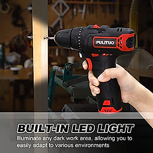 PULITUO Cordless Drill/Driver Kit, Power drill Set with 35N.m Torque, 20+1 Clutch, 3/8" Keyless Chuck, 2-Variable Speed-12V Electric Drill Driver for Wood Bricks Walls Metal