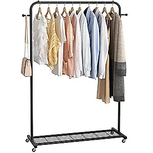 Sywhitta Clothes Rack on wheels, Clothing Rack with Bottom Mesh Storage Shelf,Sturdy Metal Frame,Rolling Garment Rack for Hanging Clothes,Coats,Skirts,39.76" L x 16" W x 64.56" H,Black