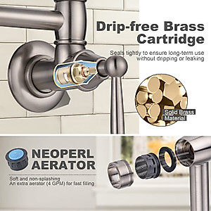 Pot Filler Faucet Brushed Nickel, ARCORA Modern Pot Filler Wall Mount Kitchen Folding Faucet 2 Handle with Double Joint Swing Arms Brass Stove Faucet