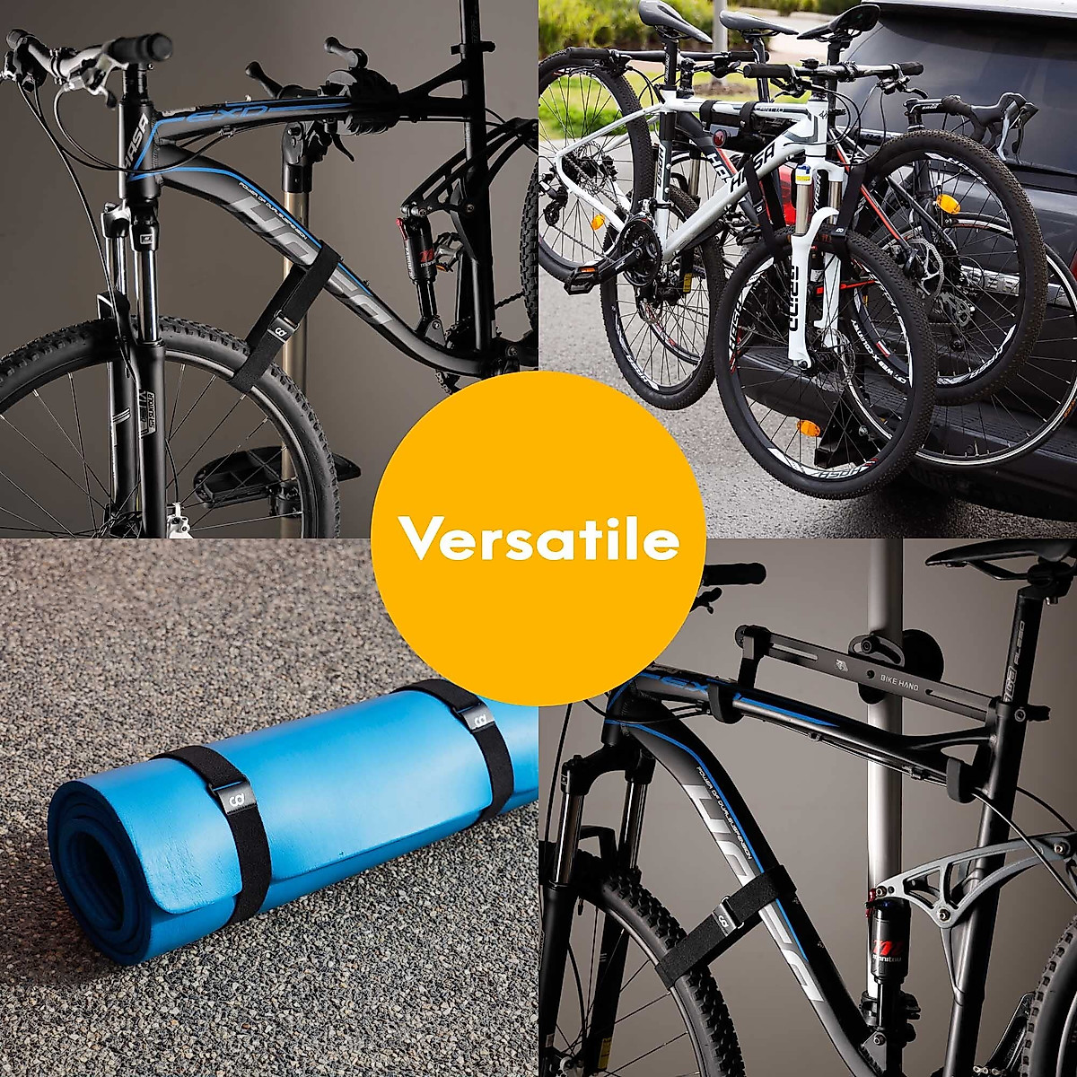 CyclingDeal Pack of 2 Bike Rack Straps - Bicycle Wheel Stabilizer for Car, Garage Rack, Repair Stand - Double Sided Extra Long Adjustable Hook and Loop Straps - Universal Fit Bikes