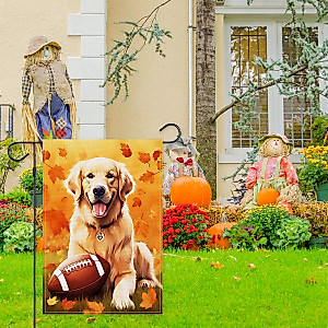Balgardekor Football Golden Retriever Fall Garden Flag For Outside Welcome Burlap Flag Fall Decorations Outdoor Dog Thanksgiving Holiday Yard Flag 12×18 Inch Double Sided Autumn Halloween (Cute