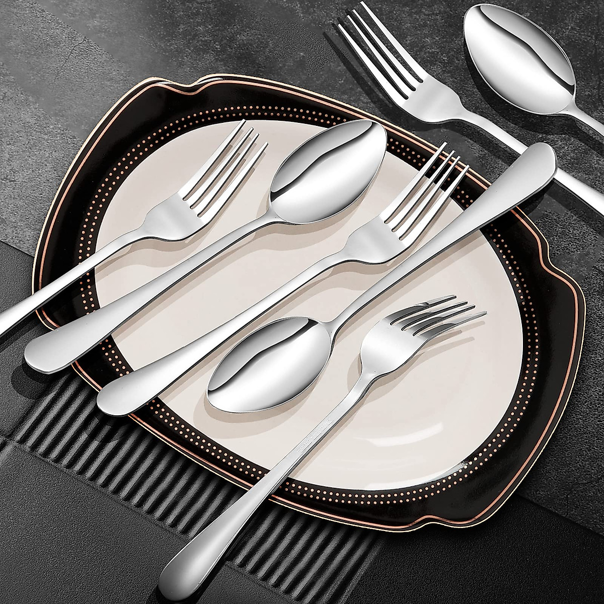 24Pcs Forks and Spoons Silverware Set,Tableware Spoons and Forks Set,Food Grade Stainless Steel Flatware Cutlery Set,Fork and Spoon Set for Home Kitchen Restaurant,Dishwasher Safe,Mirror Polished