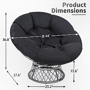 KROFEM 44" Giant Oversized Wicker Papasan Chair with Cushion Teens and Adults, Fluid 360 Swivel, Ideal for Dorm, Bedroom, or Living Room Grey Frame with Black Cushion