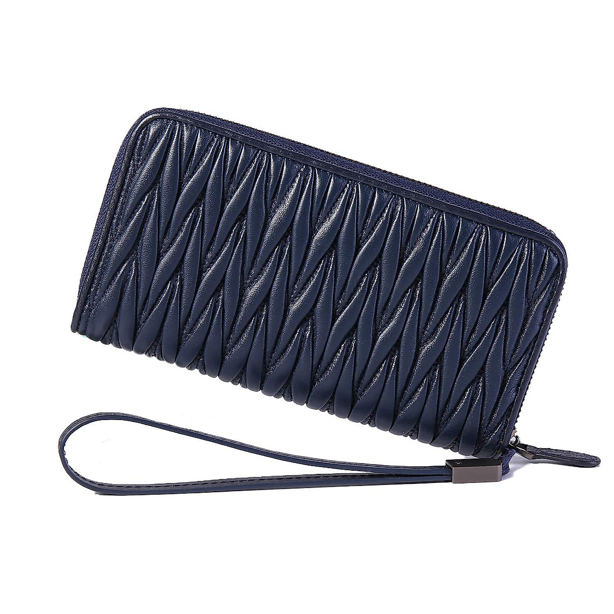 YILINSA Women's Wallet RFID Blocked Leather Wallet Pleated Clutch Long Wallet Leather Zipper Wallet (Blue)