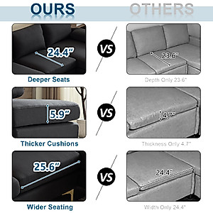 VINGLI 110" Modern U Shaped Sectional Couch with 51"D Double Chaise for Living Room, Black Deep Seat Sectional Sofa Sets with 5.9" Thickness Seating Padding for Home Furniture,Linen Fabric,Metal Legs