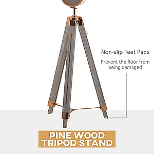 HOMCOM Vintage Tripod Floor Lamp, Height Adjustable Nautical Spotlight with Wood Legs, E12 Lamp Base for Living Room, Bedroom, Grey and Rose Gold