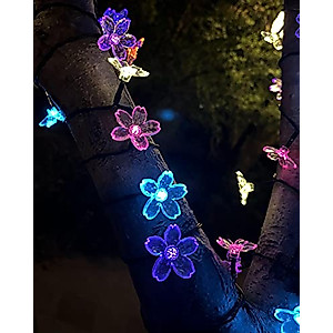 Solar String Lights Flower Garden Lights Outdoor Waterproof Fairy Lights Solar Powered Decorative Cherry Blossom for Camping Outside Balcony Yard Porch Patio Christmas Tree 33ft 50 Led Pack 2