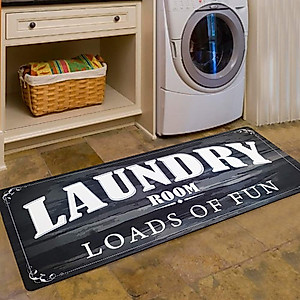USTIDE 20X60 Black Laundry Room Rug, Non-Skid Anti Fatigue Laundry Room Mats Loads of Fun Home Decor Black White Kitchen Carpet