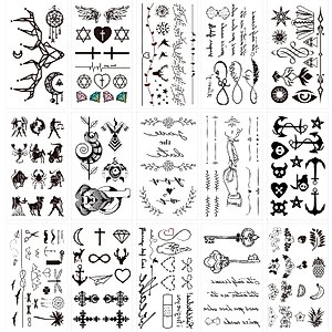 Glaryyears Fake Tiny Temporary Tattoo, 20 Pack Black Sketch Ink Line Small Tattoos Stickers, Various Styles for Fun Party Supplies Vacation on Body Face Hand Wrist