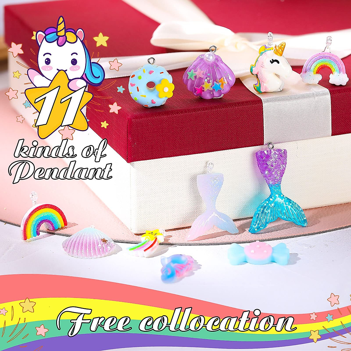 Juexica 540 Pieces Unicorn Mermaid DIY Bead Jewelry Making Kit for Rainbow Shell Necklace Bracelet Craft Art for Unicorn Mermaid Charms for Jewelry Making