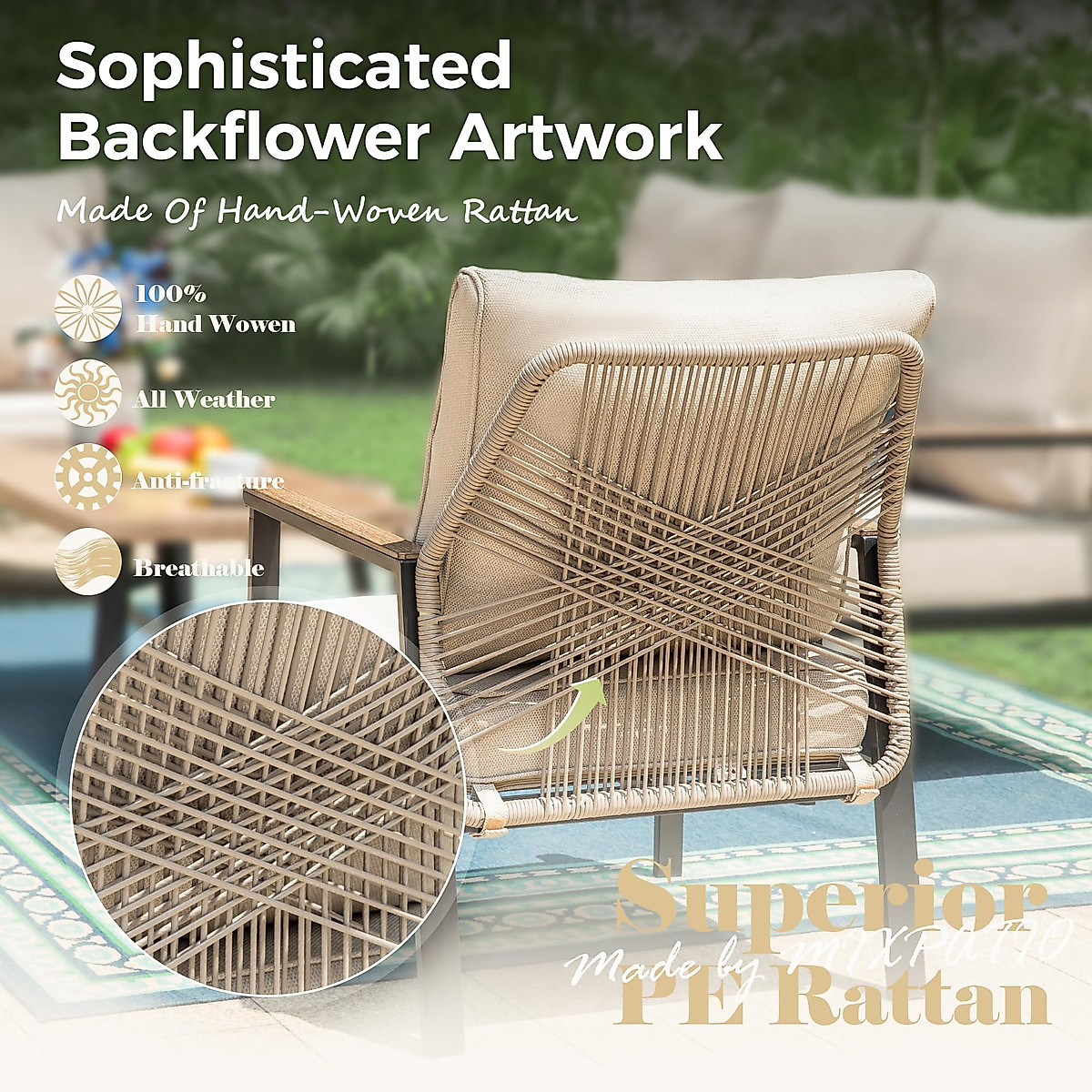 MIXPATIO 4 Piece Patio Furniture Set, All Weather Wicker Outdoor Sofa with 5.5" Cushions, 2 Fixed Chairs, 3-Seat Sofa with Wood Grain Coffee Table, Patio Conversation Set for Porch, Backyard, Beige