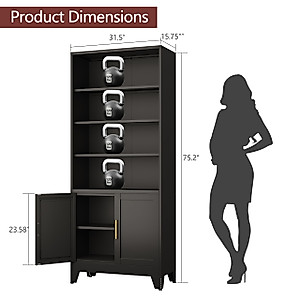 winiowa Metal Black Bookshelf and Bookcase, 6 Tier Bookshelves with Cabinet Doors, 75.2" Tall Display Book Shelf and Storage Cabinets for Living Room, Home Office, Library