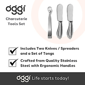 Oggi Charcuterie Utensil Set, Charcuterie Accessories, Cheese Knives Set - Stainless Steel, 3pcs with Knives/Spreaders & Tongs, 5" Long