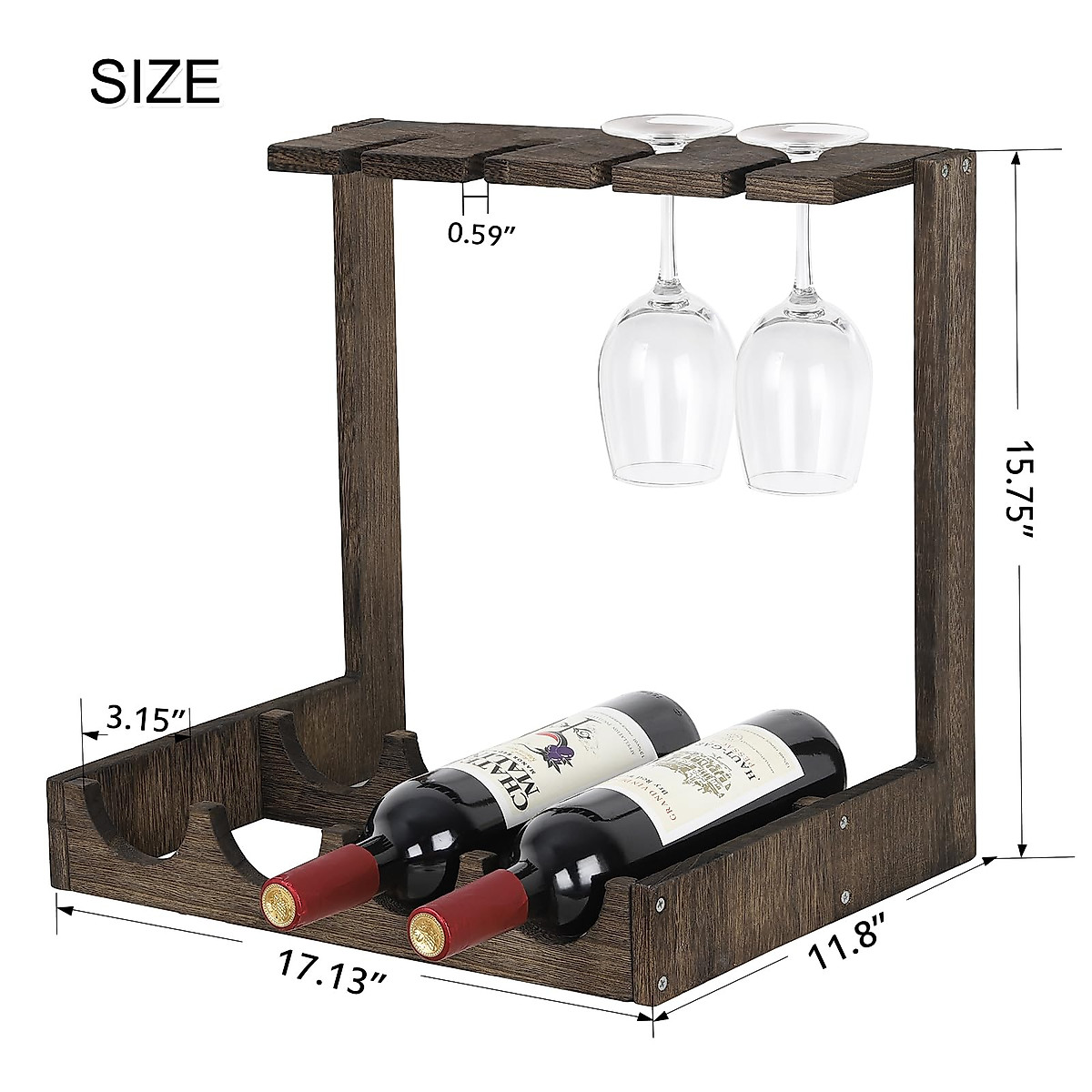 NANANARDOSO Wine Rack, Rustic Wood Wine Storage Shelf with Glass Holder Tabletop Wine Bottle Holder Organizer for Kitchen Cabinet Pantry (Rustic Brown, 4-Slot)