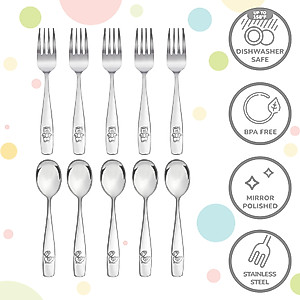 PLASKIDY Kids Silverware Stainless Steel Set of 10 Toddler Utensils Forks and Spoons - Dishwasher Safe Kids Flatware Set Children's Safe Cutlery Set