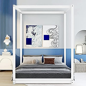 Harper & Bright Designs Full Canopy Bed Wood 4 Poster Panel Beds, Floor Bed Frame Full with Solid Wood Slat Support, Full Size Platform Bed for Kids Teens Adults, No Box Spring Needed, White