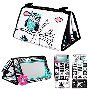 AIPINQI Tummy Time Floor Mirror,High Contrast Developmental Montessori Sensory Crawling Toy for Newborn,Flip for Art Black and White Floor Activity Mirror for Infant with Teether (owl)