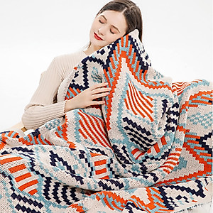 BTFYaHe Boho Chic Knitted Wool Blanket - Versatile Couch and Camping Blanket, Perfect for Fall - Thick Mexican Bohemian Throw-50X60 Inch