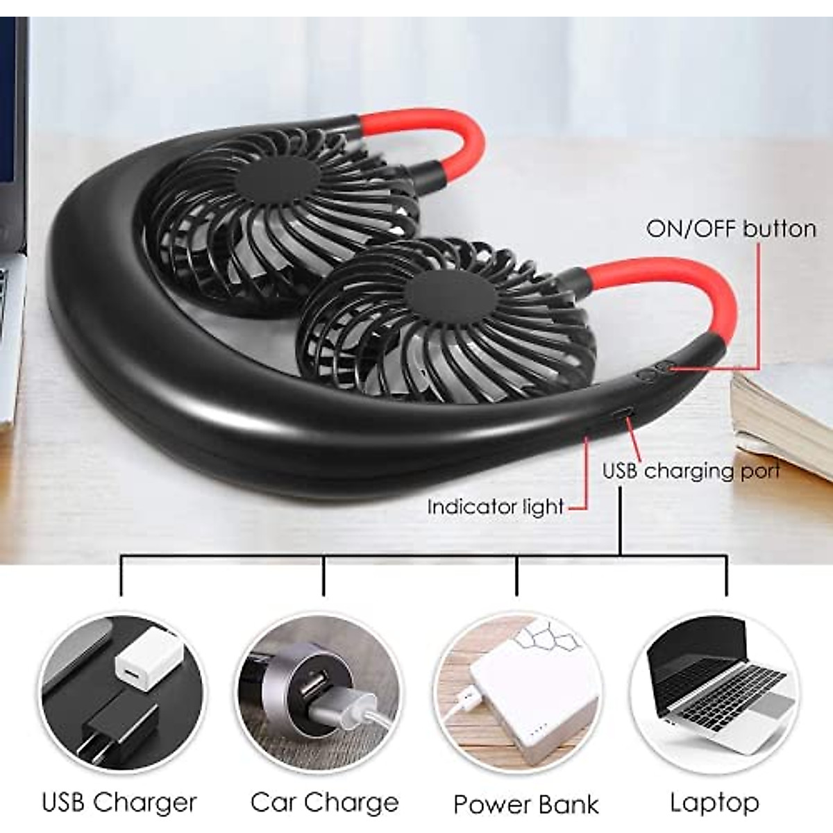 Neck Fan, Portable Usb Rechargeable Led Fan Headphone Design Hand Free Personal Fan Wearable Cooler Fan with Dual Wind Head for Camping Home Outdoor