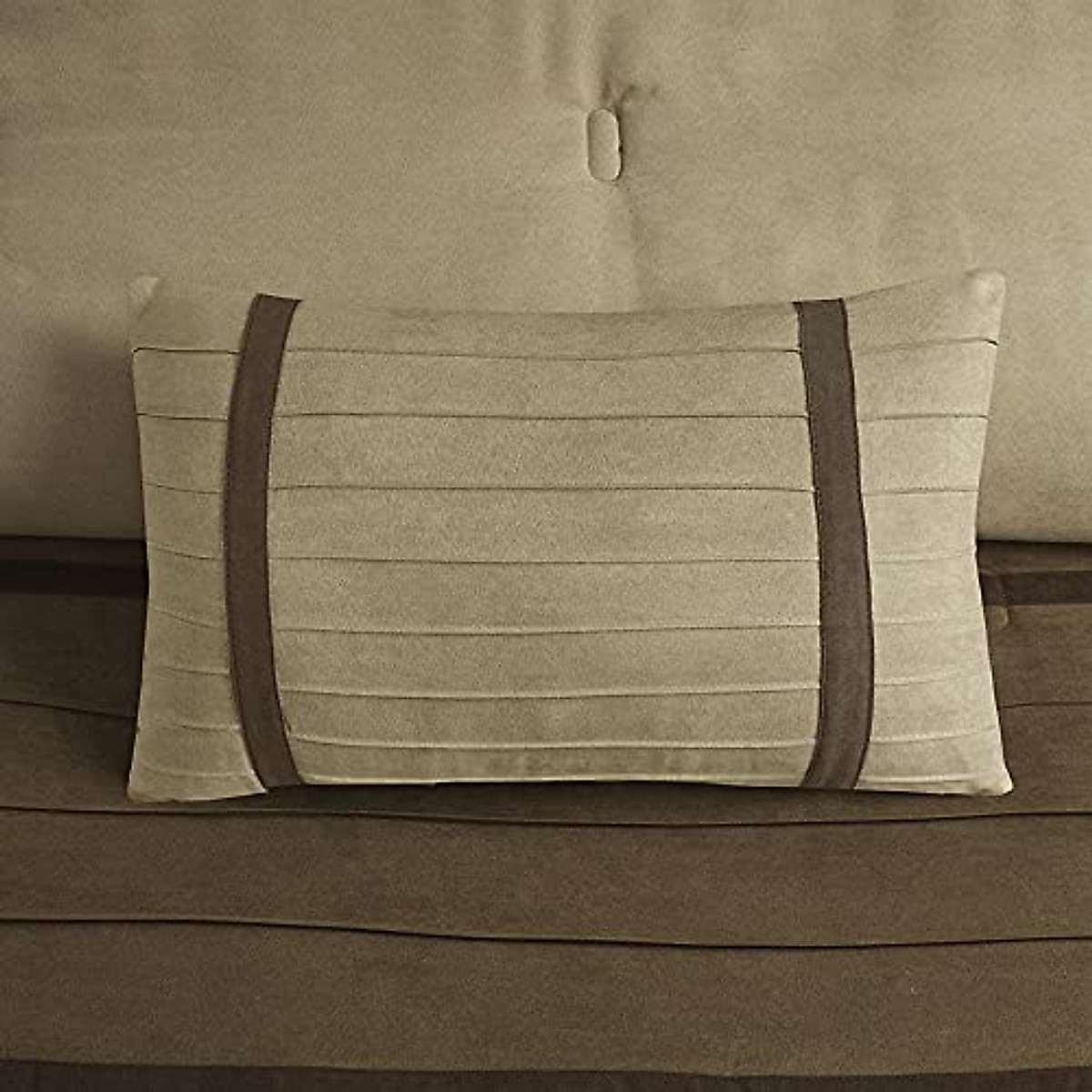 Madison Park Palmer Comforter Set - Faux Suede Design, Striped Accent, All Season Down Alternative Bedding, Matching Shams, Decorative Pillow, Bed Skirt, King (104 in x 92 in), Natural 7 Piece