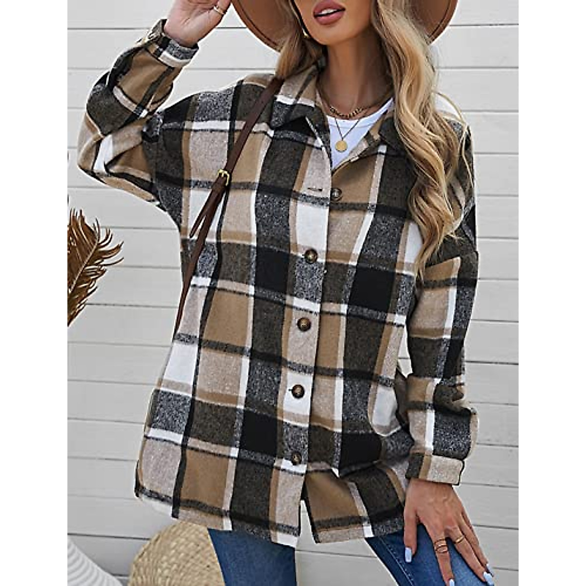 Lentta Women's Flannel Plaid Shacket Jacket Casual Fall Wool Blend Button Up Shirt Coat(Khaki-S)