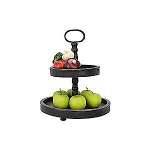 Creative Co-op EC0112 Distressed Wood 2-Tier Tray with Metal Handle, Black