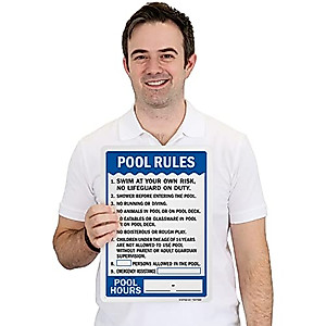 SmartSign 14 x 10 inch “Pool Rules - Swim At Your Own Risk, Shower Before Entering, Emergency Assistance, Pool Hours” Write-On Metal Sign, 40 mil Laminated Rustproof Aluminum, Blue, Black and White