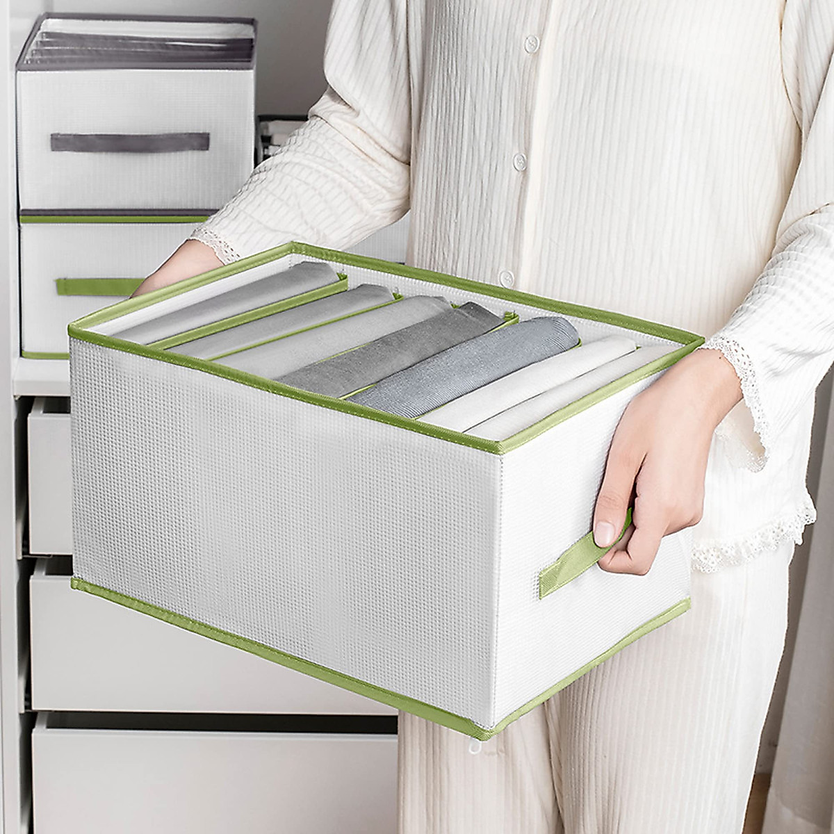 ORWCEZUE Upgraded 2 Pack Wardrobe Clothes Organizer Jeans Compartment Storage Box, Foldable Clothes Separator for Storage T-Shirt Leggings Pants