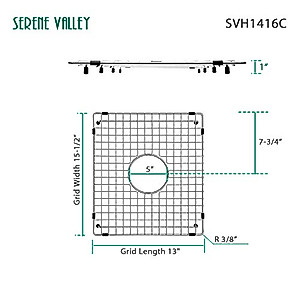 Serene Valley Sink Bottom Grid 13" X 15-1/2", Centered Drain with Corner Radius 3/8", Sink Protector SVH1416C