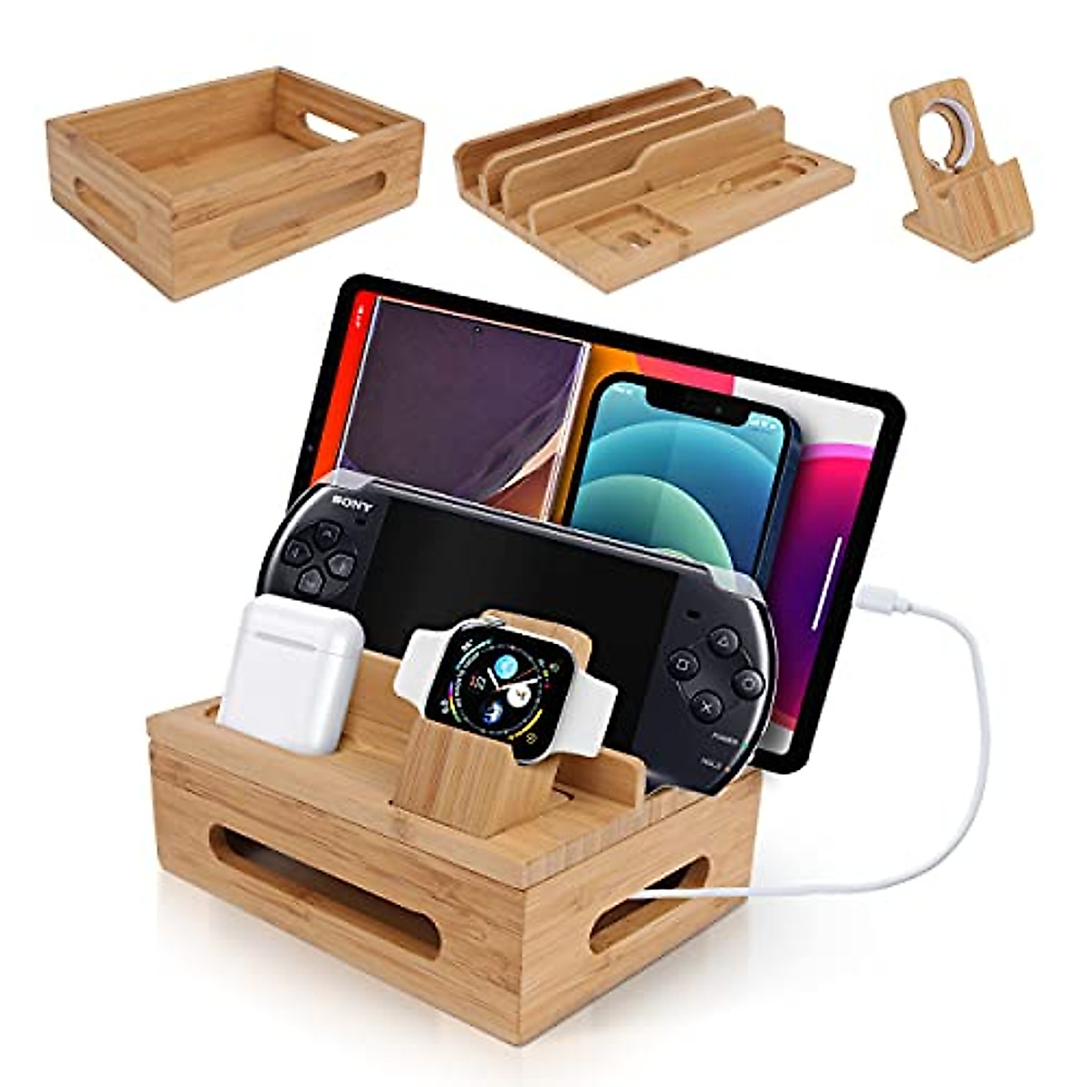 komonotown Natural Bamboo Charging Station for Multiple Devices, Docking Station Organizer for iPhone, Smart Watch, Tablet, Airpod - for Bedside, Desk (No USB Hub)