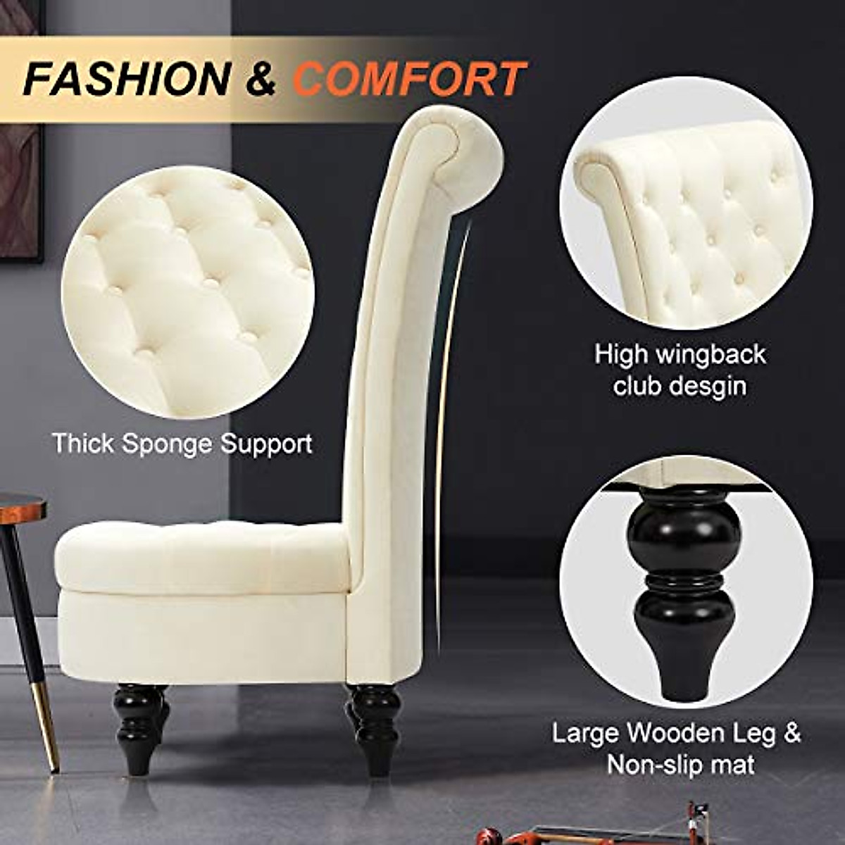 AVAWING Throne Royal Chair Set of 1 for Living Room, Button-Tufted Accent Armless High Back Chair with 24.6 Inch Larger Seat, Thick Padding and Rubberwood Legs, Cream White