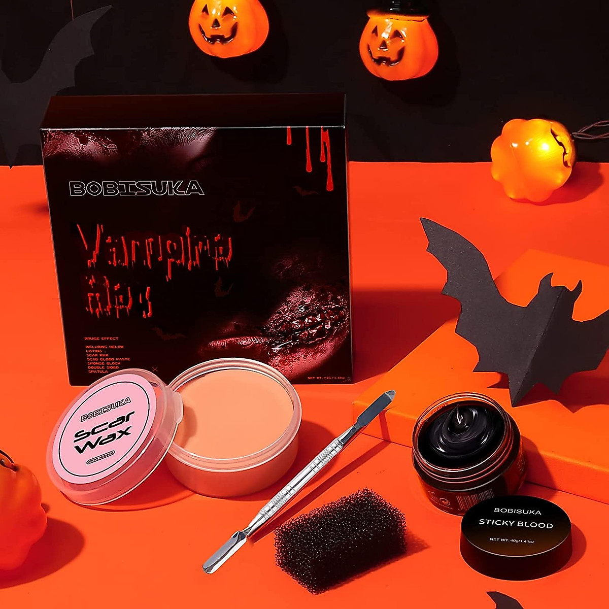 BOBISUKA 4 Piece Halloween SFX Special Effects Makeup Kit - Modeling Scar Wax + Coagulated Blood with Spatula Tool and Black Stipple Sponge All in One (VAMPIRE SET)