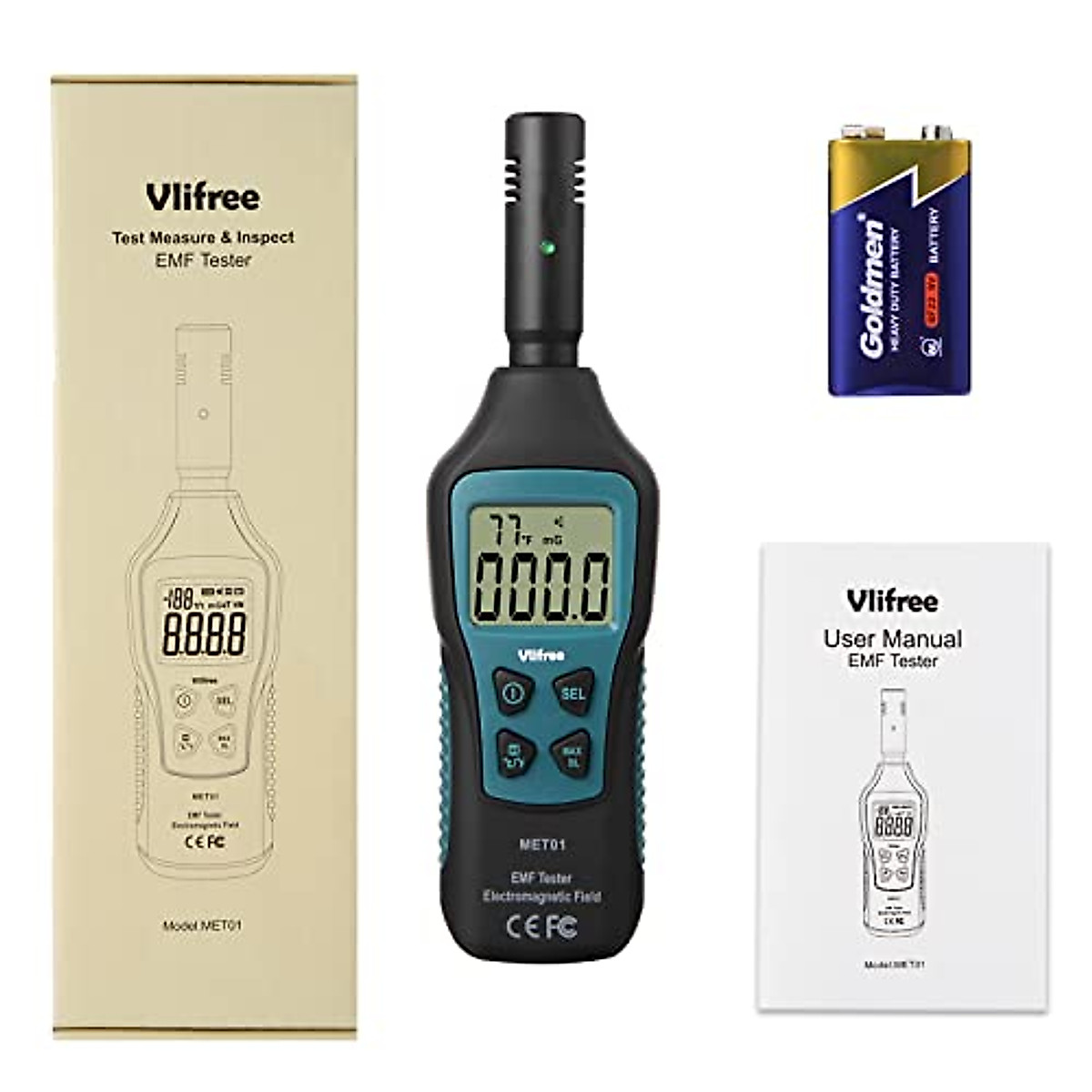 EMF Meter 5HZ-3.5G, Vlifree EMF Detector with Digital LCD Backlit Display for Electromagnetic Field 5HZ-3500MHz, Electronic Radiation, Temperature Detector, EMF Tester for Home, Ghost Hunting