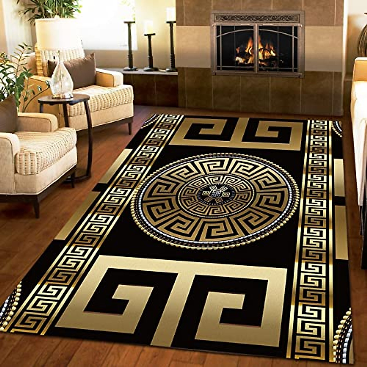 Retro Black Gold Greek Key Area Rug, Non Slip Noise Reduction Kids Rugs, Machine Washable Durable Carpet for Indoor Living Room Bedroom Office Decor Mat - 4' by 6'