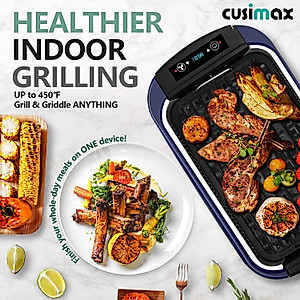 Smokeless Grill, CUSIMAX 1500W Indoor Grill, Electric Grill Griddle with LED Smart Display & Tempered Glass Lid, Portable Korean BBQ Grill, Non-stick Removable Grill & Griddle Plate