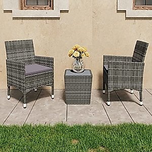 QZZCED 3 Piece Bistro Set,Outdoor Bar Table,Patio Bar Set,Modern Outdoor Furniture,Dining Bench with Back,Bistro Set,for Patio Deck Garden,Backyard & Lawn,Poly Rattan and Tempered Glass Gray