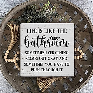 Ywkuiev Life is Like the Bathroom White Wooden Box Plaque, Hope Everything Comes Out Okay Rustic Sign for Family Home Bathroom Office Desk Decor (6 X 6 Inch)