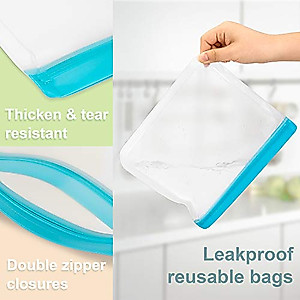 Reusable Storage Bags, 12 Pack BPA Free Leakproof Freezer Bag for Liquid Lunch Sandwich Marinate Meat Fruits - 2 Gallon, 5 Sandwich and 5 Small Bags, Food Grade, Thick, Leakproof and Washable
