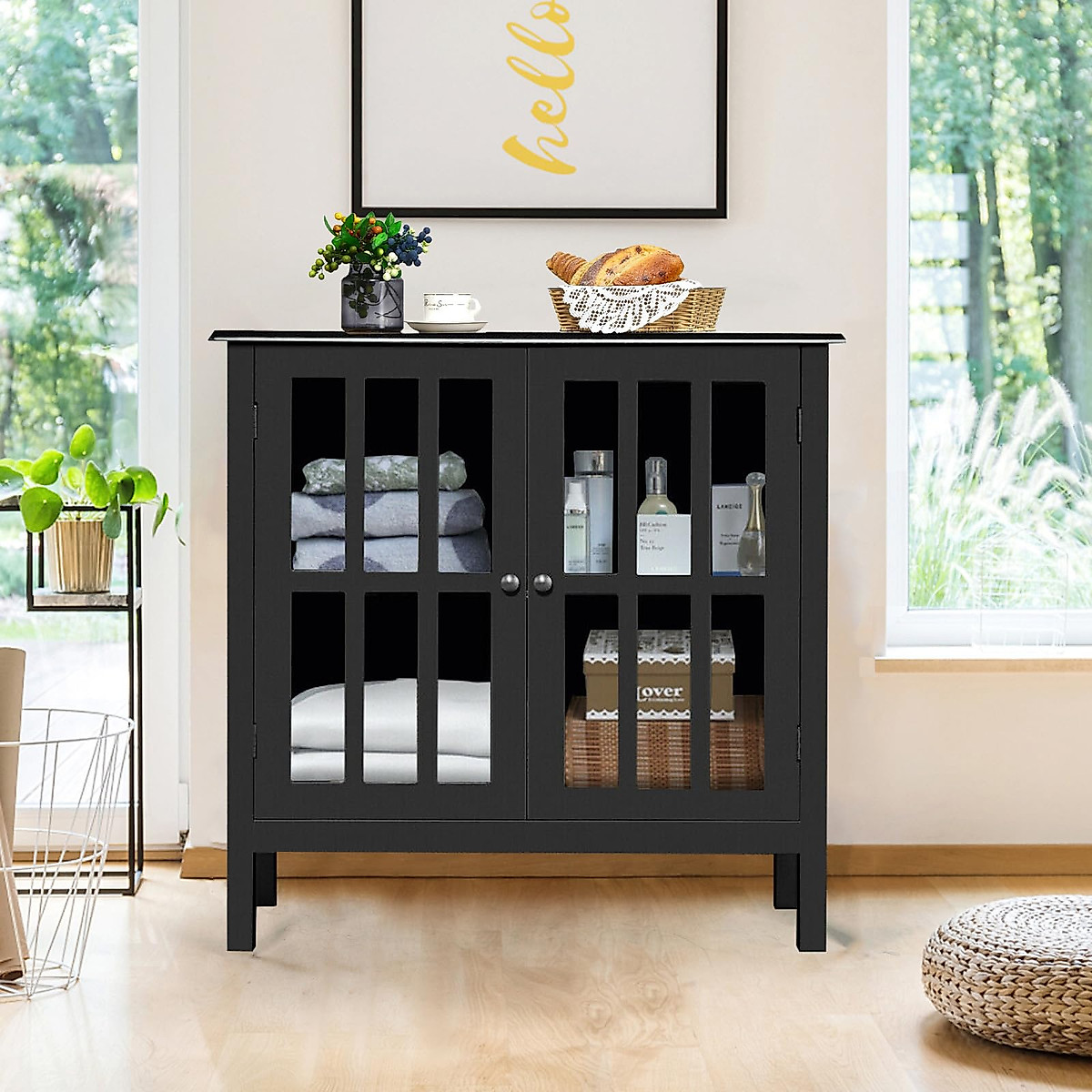 UJOYPAD Double Door Storage Cabinet,Sideboard Buffet Storage Cabinet,Kitchen Sideboard Console with 2 Glass Doors,Entryway Dining Liquor Cabinet,Cupboard Console Table for Kitchen Living Room (Black)