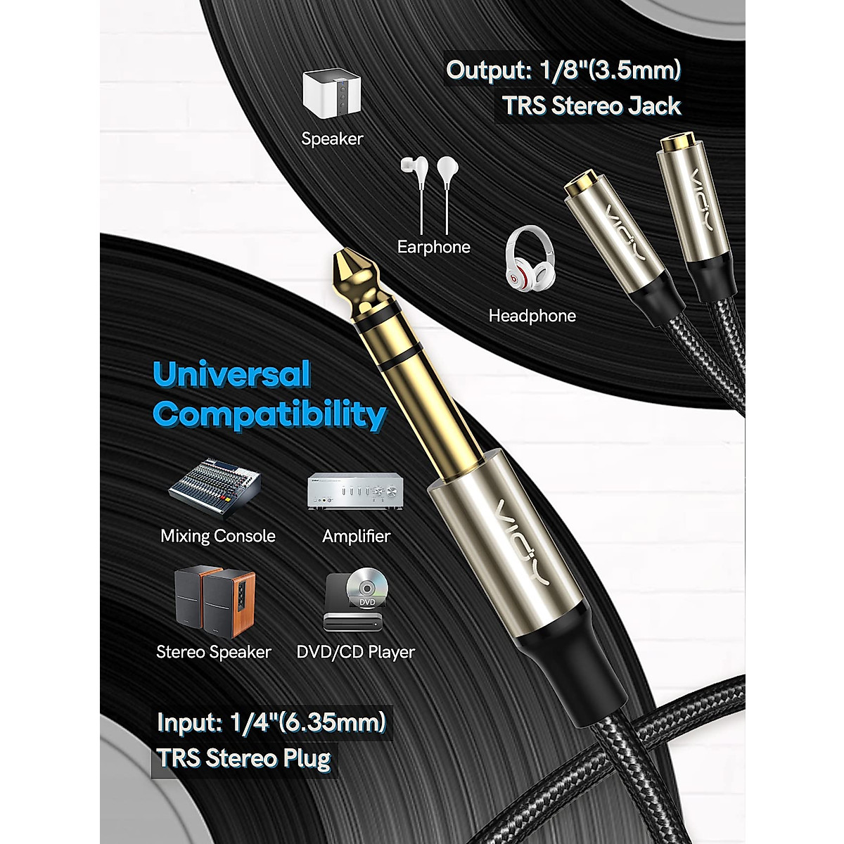 VIOY Headphone Splitter 1/4 inch TRS Male to Dual 3.5 mm 1/8 Female [Braided & Gold Plated] Audio Y Cable Adapter for Amplifiers, Guitar Amp, Keyboard Piano, Mixer 9.8 inch/25 cm