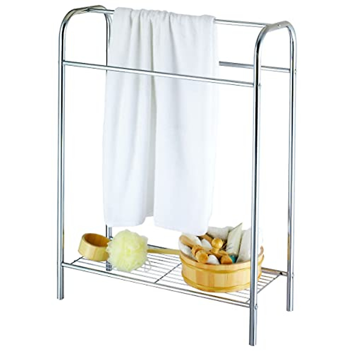 Freestanding Towel Rack, 3 Towel Bars and Shelf, Metal Towel Bar Stand, Silver-Tone Chrome Plated by Madison Home Products (MH11500)