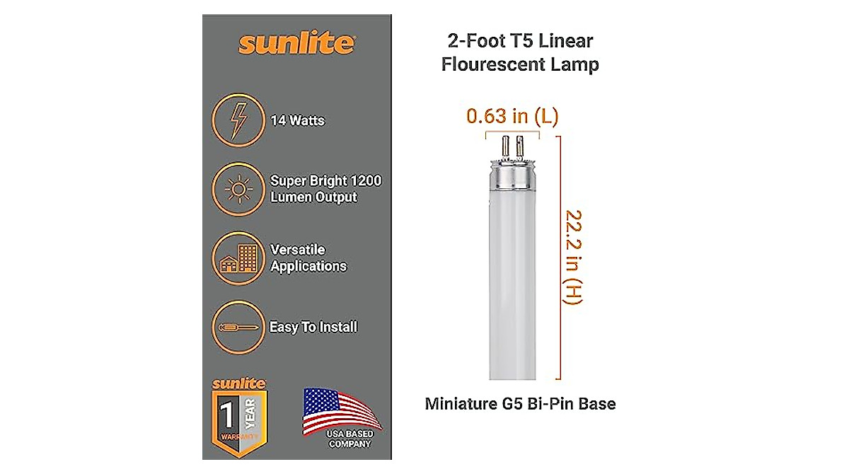 Sunlite 2-Foot T5 Fluorescent Lamp - Bright 6500K Daylight, 14W