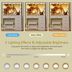 usikey Makeup Vanity with 12 Lights, Vanity Desk with Power Outlet, Makeup Vanity Table with 5 Drawers, Large Mirror, Dressing Vanity Table with Stool for Bedroom, Bathroom, White