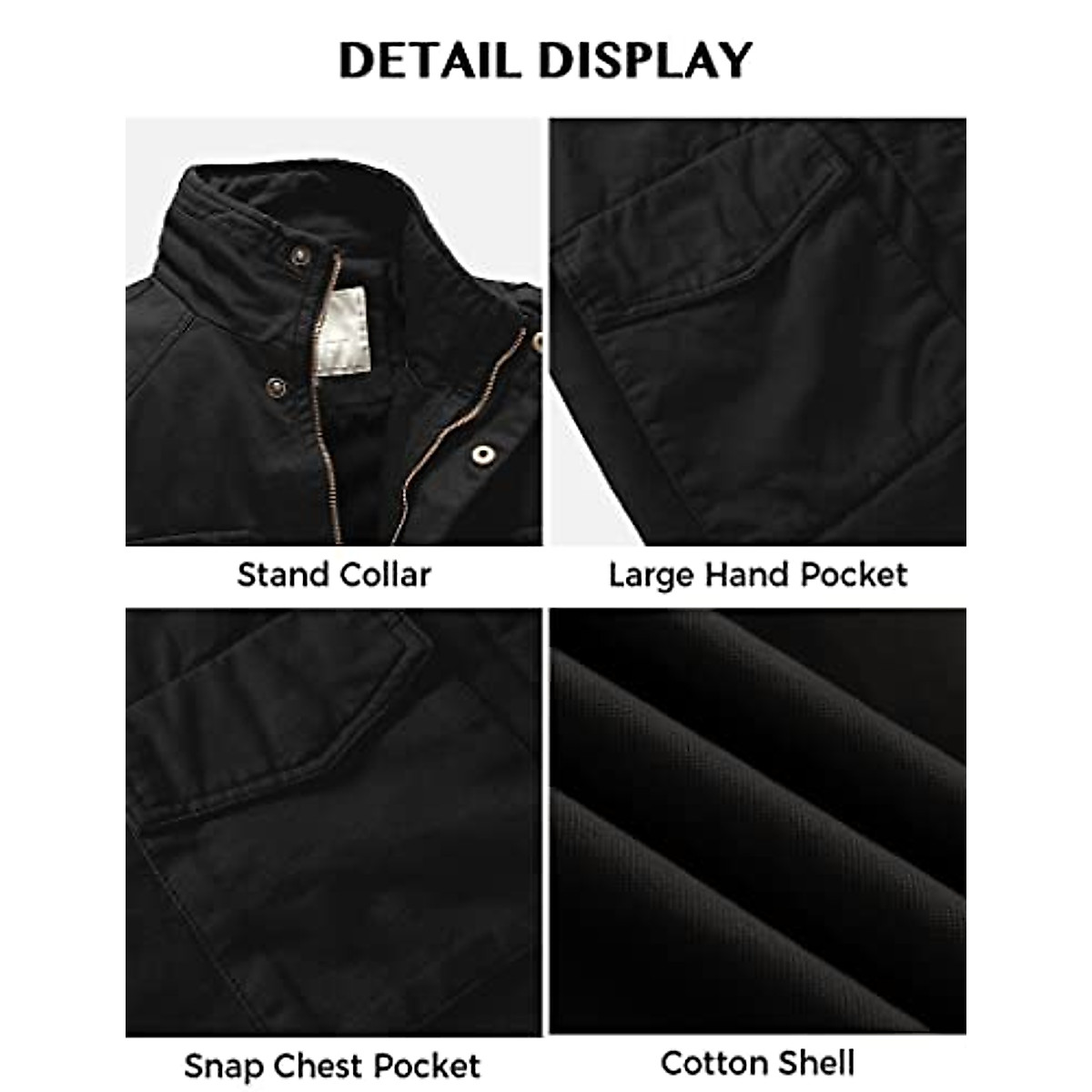 WenVen Men's Washed Cotton Canvas Safari Jacket Spring Military Coat (Black, L)