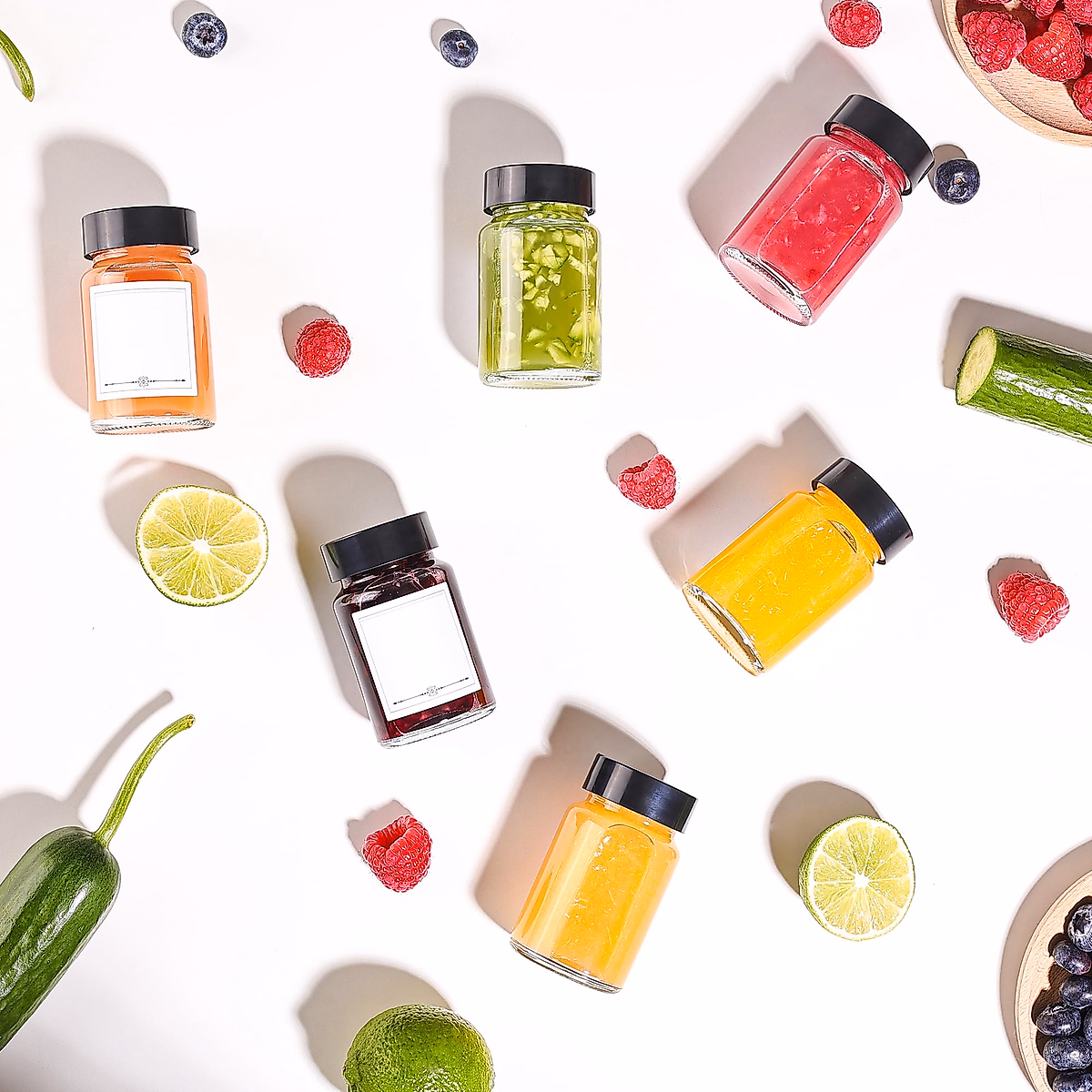 16 Pack 2 oz Glass Shot Bottles with Black Lids & Labels, Wide Mouth 60 ml Small Glass Bottles for Ginger, Leakproof Travel Mini Clear Jars for Wellness Shot, Juice - Dishwasher Safe