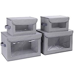 DIMJ Storage Bins with Lids, 4 Pack Fabric Storage Baskets with Handle, Collapsible Closet Organizer Bins Storage Box with Window for Clothes, Toys, Books, Closet, Shelves, Kids Room, Office
