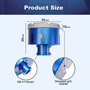 2-1/2 Inch Diamond Core Drill Bit for Porcelain Tile Ceramic Marble Granite Drilling,BRSCHNITT 1pc Vacuum Brazed Diamond Hole Saw with 5/8-11 Thread (65mm)&adapter