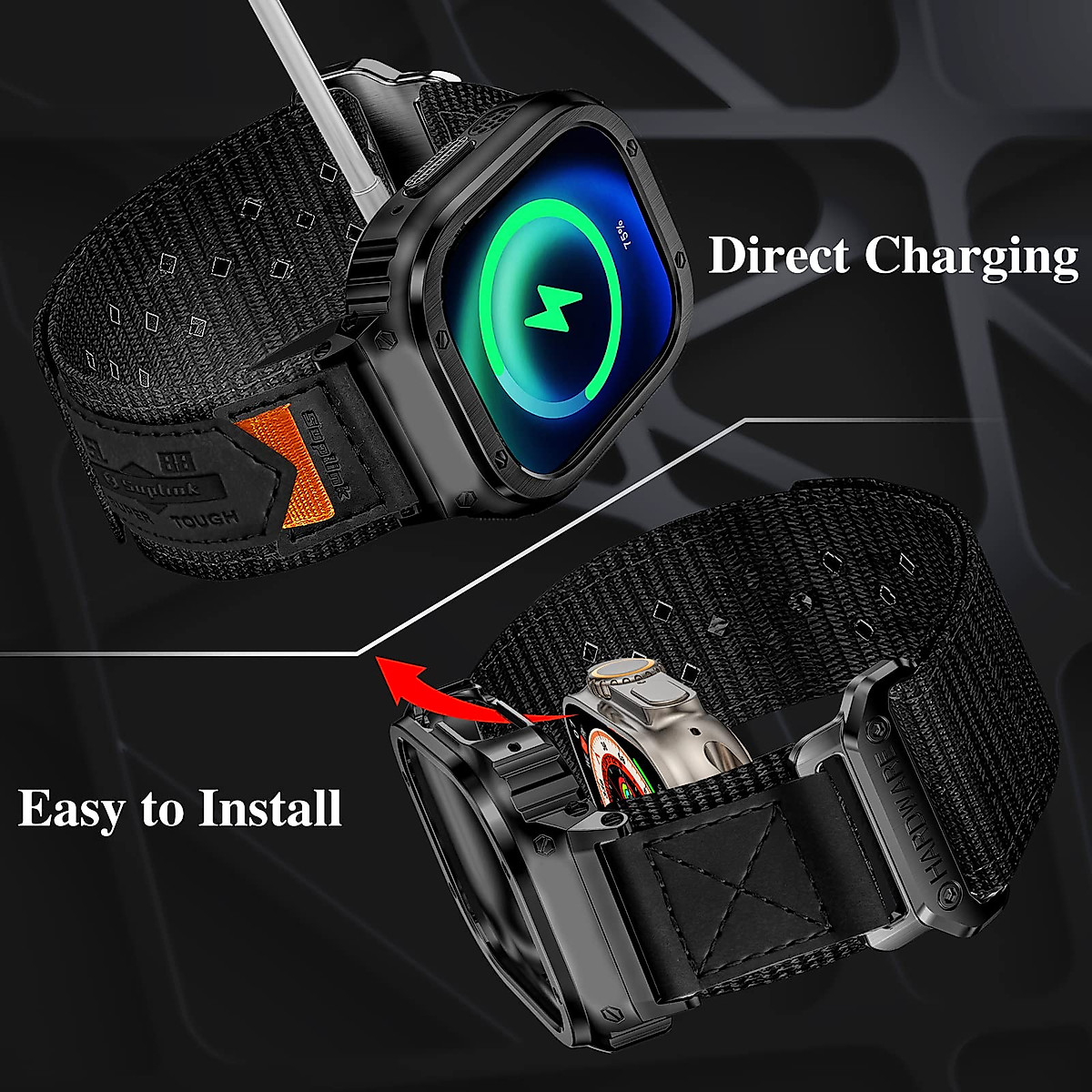 SUPLINK Stainless Steel Case and Nylon Bands Compatible with Apple Ultra 1/2 Watch Band 49mm for Men,Rugged Metal Cover Bumper Sport Strap for iWatch Series Ultra 2/Ultra 1 SE 9 8 7 6 5 4 3 2 1 Black