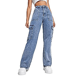 SweatyRocks Women's High Waist Cargo Jeans Flap Pocket Wide Leg Denim Pants Blue L